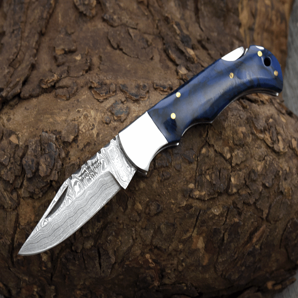 Damascus Pocket Knife - Blue - Shokunin USA